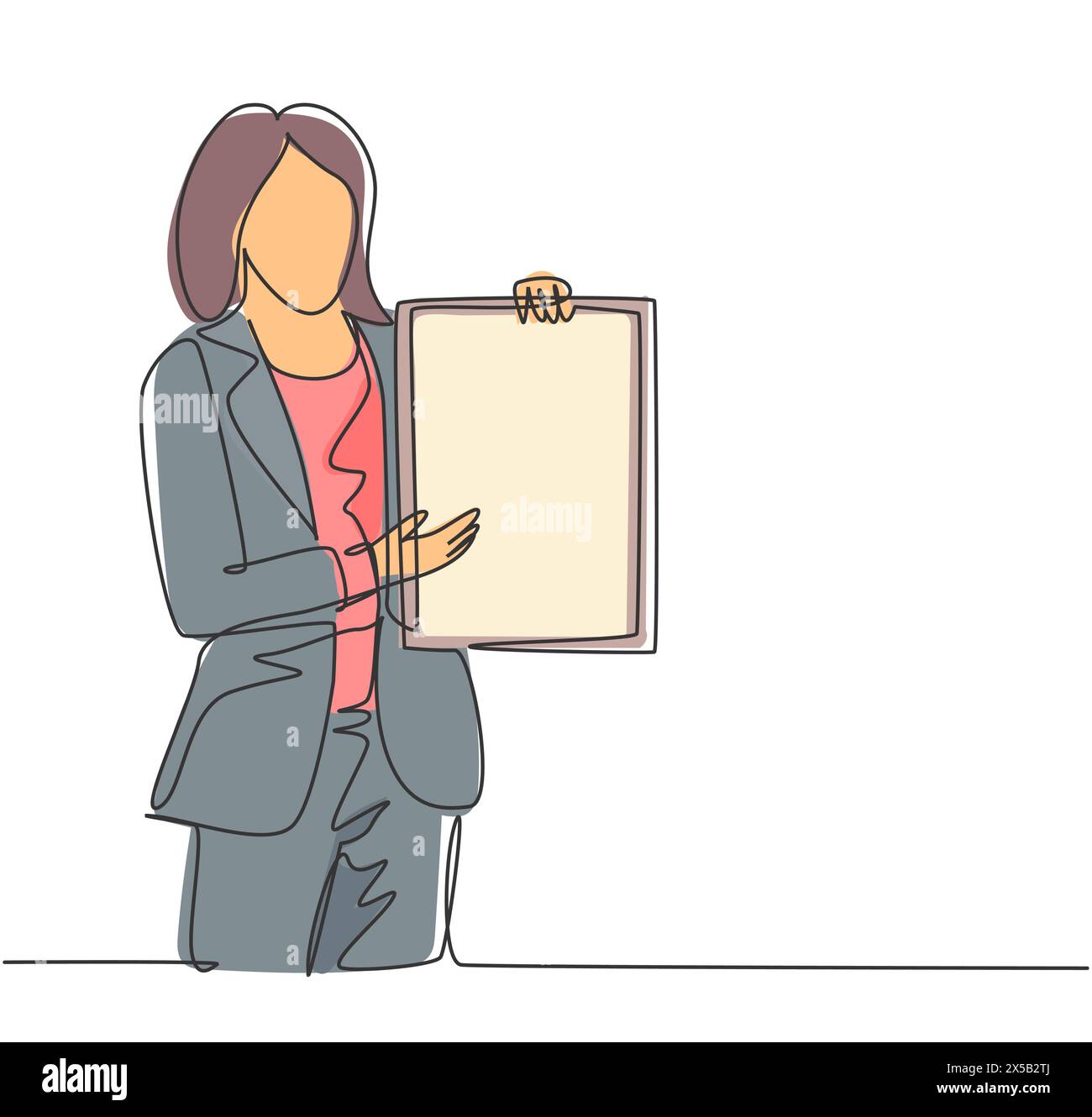 Single continuous line drawing of young female presenter presenting new ...