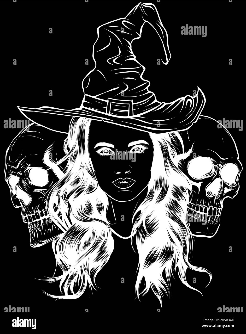white silhouette of Dead witch with two sugar skulls on black ...