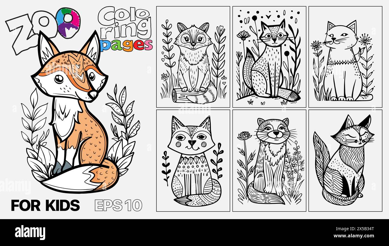A set of six cat coloring pages for kids. The pages feature different ...