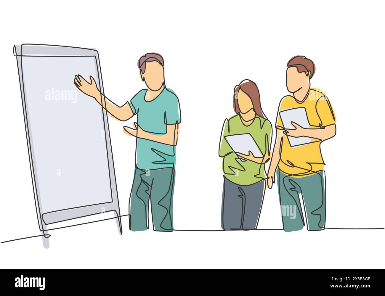 One single line drawing of young happy startup members discussing ...