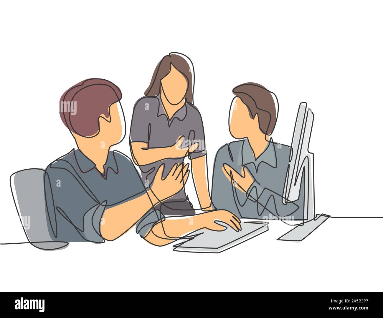 One continuous line drawing of young businessmen discussing new product ...