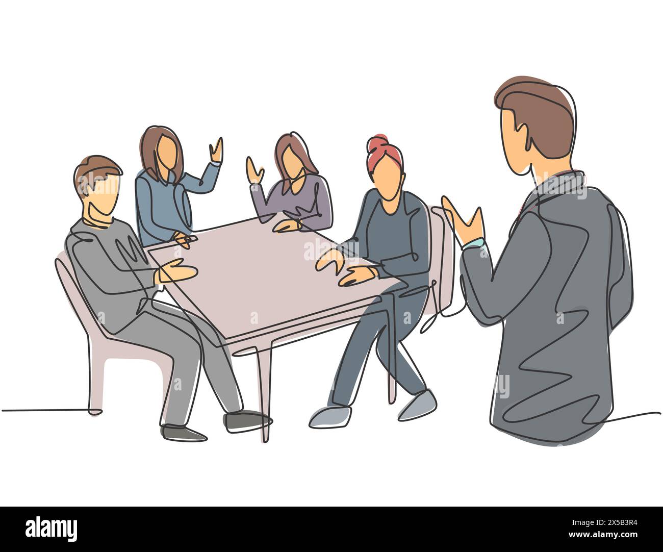 One single line drawing of young happy manager leading presentation of ...