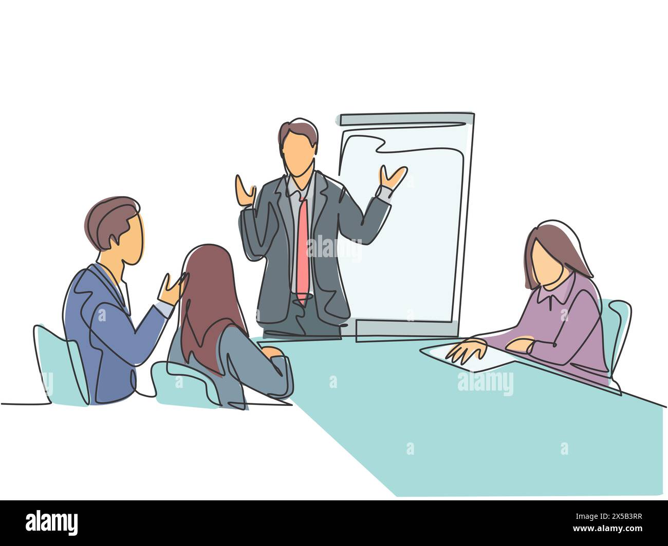 One single line drawing of young businessman giving business coaching ...