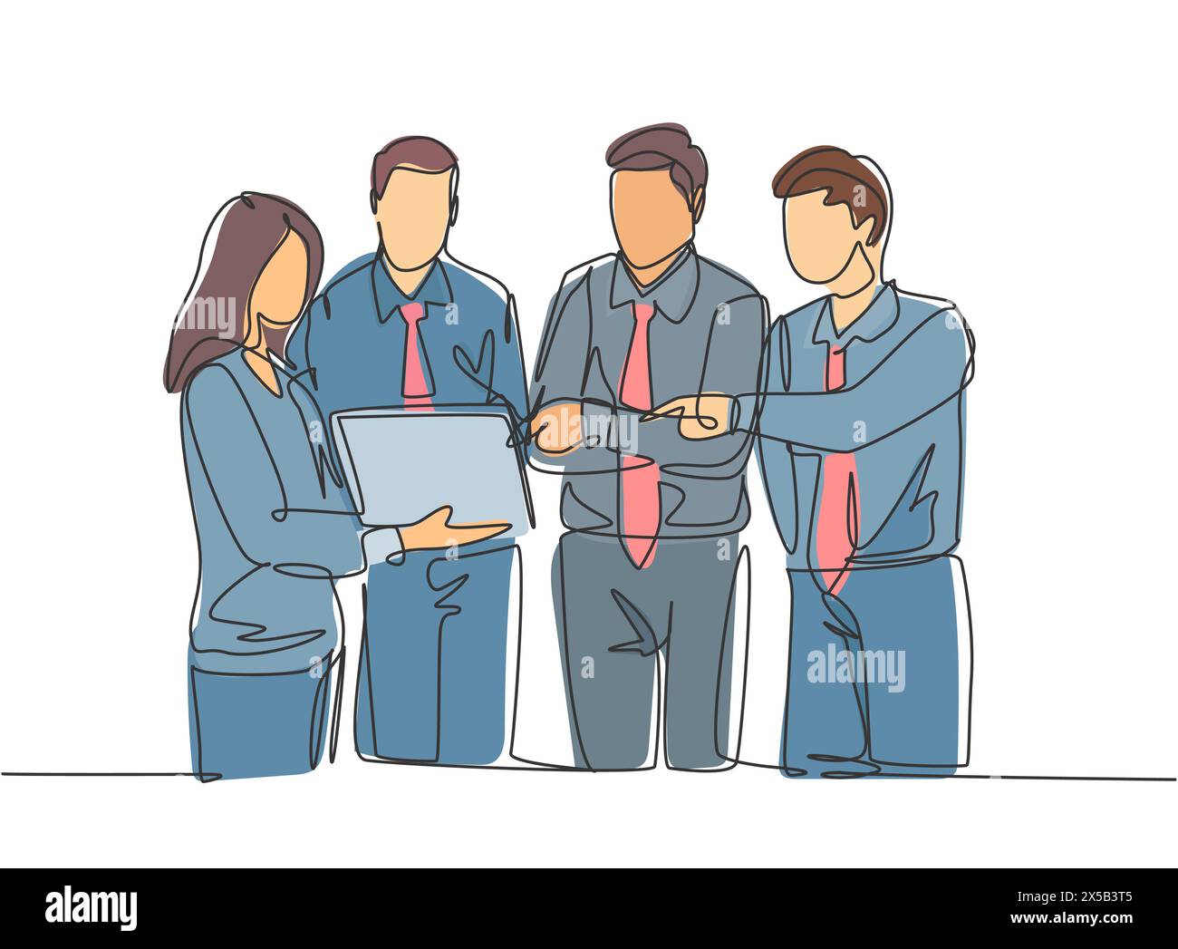 One continuous line drawing of young happy male and female workers ...