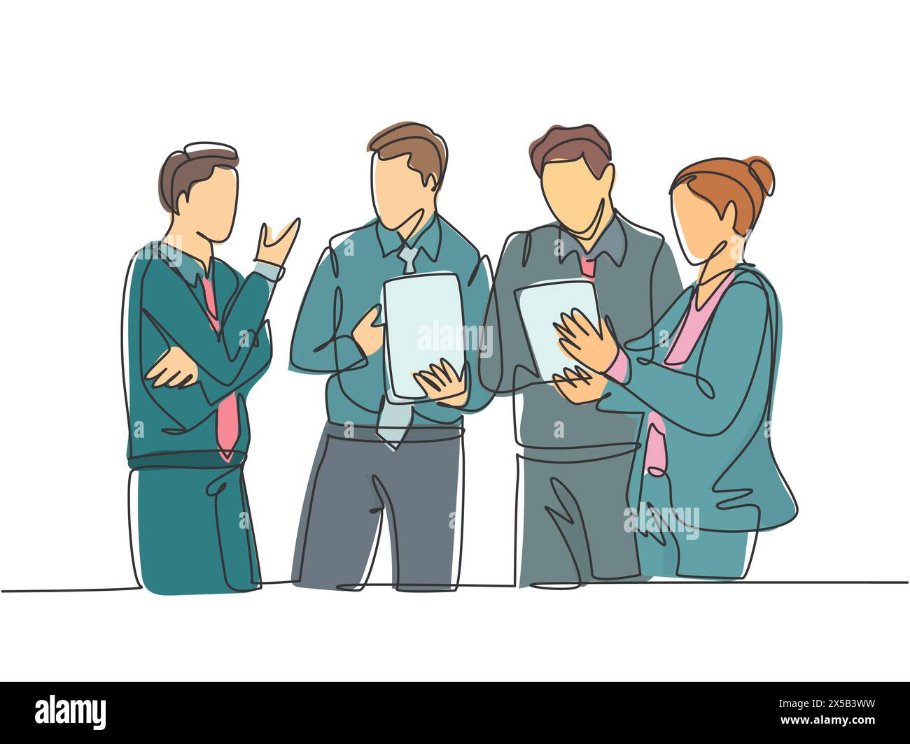 One continuous line drawing of young businessmen and businesswoman ...