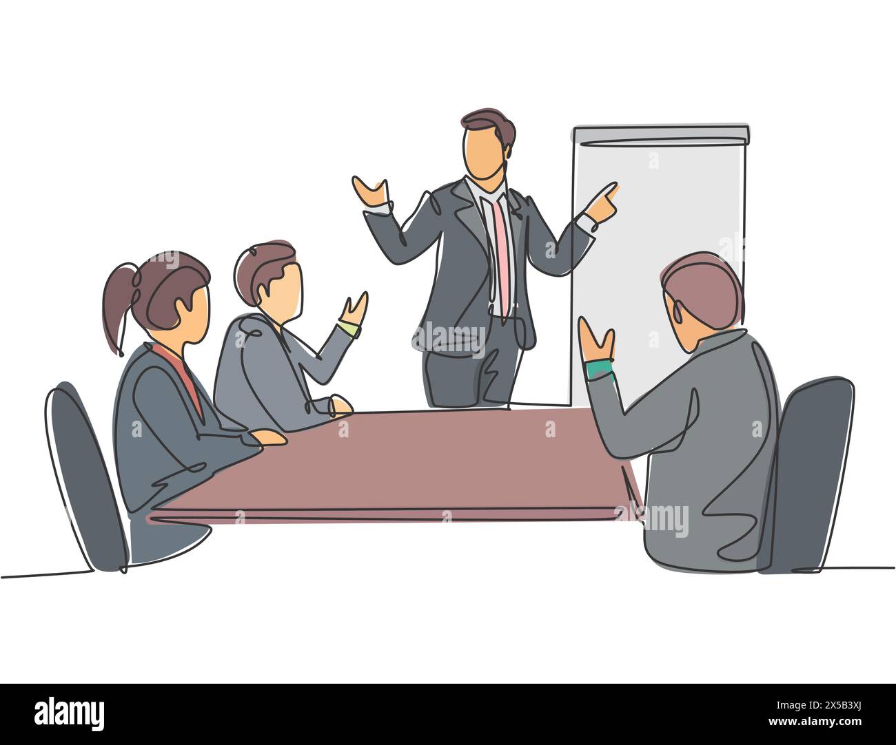 Single continuous line drawing of young happy businessman and ...