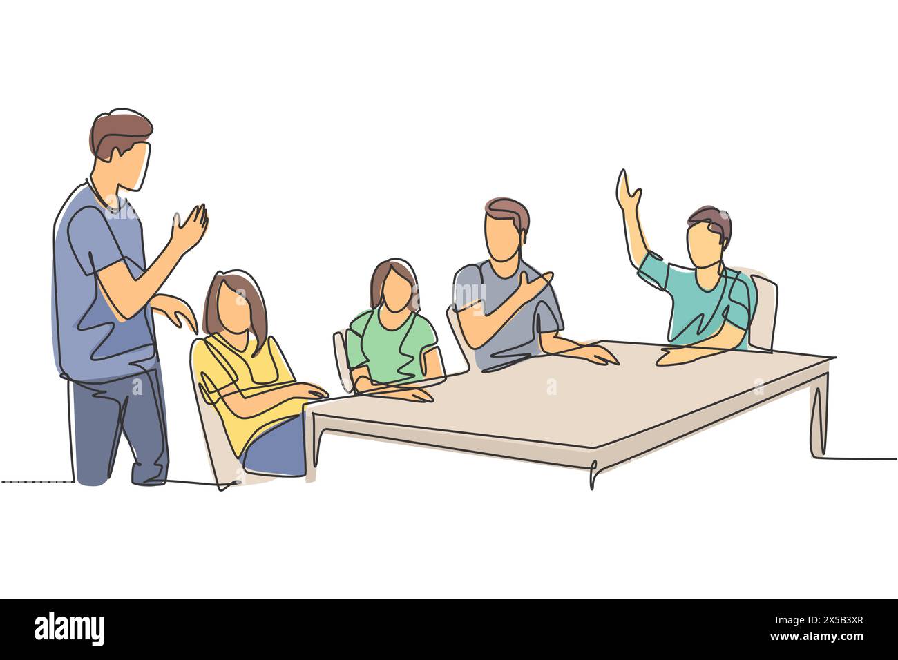 One single line drawing of young startup CEO lead the company gathering ...