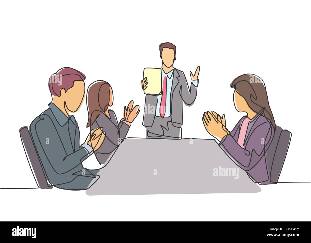 One single line drawing of young happy manager giving interpersonal ...