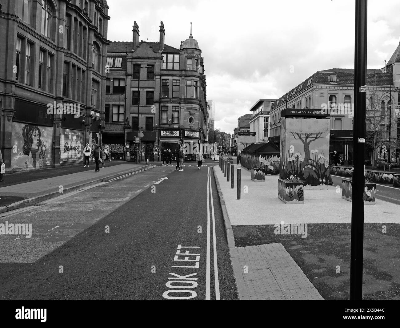 28-04-24 MANCHESTER. A black and white image of Stevenson Square in the ...