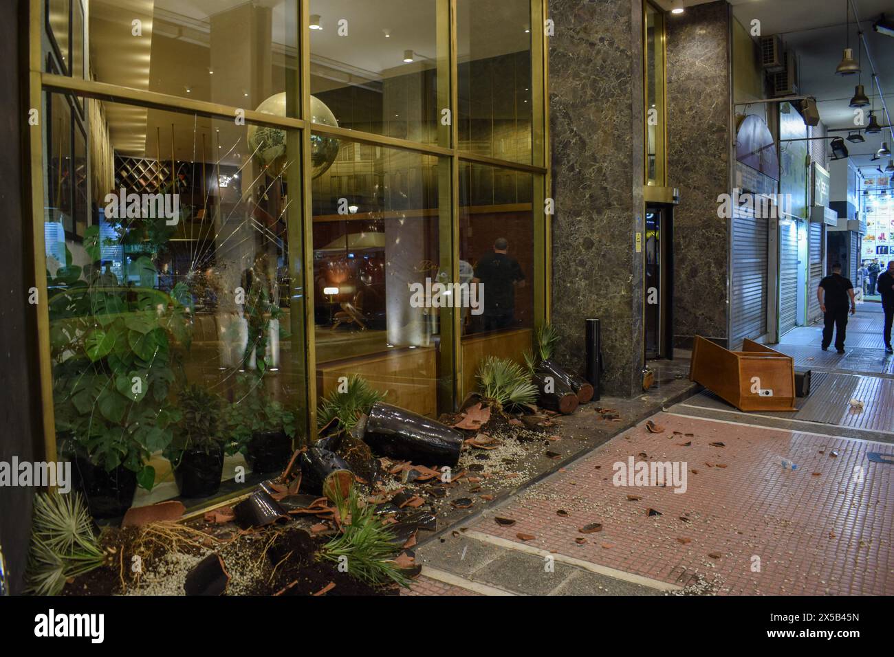 Athens, Greece. 7 May 2024. A view of damaged exterior of a hotel in ...