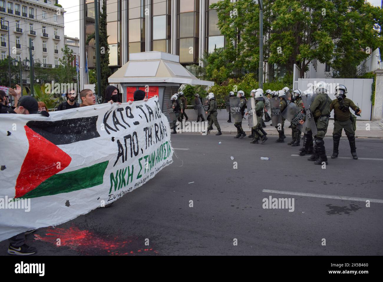 Athens, Greece. 7 May 2024. Protesters with banner march chanting ...