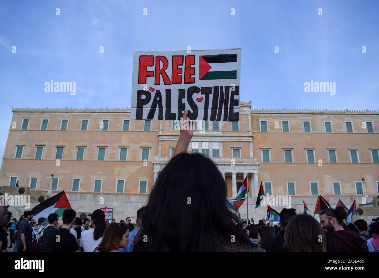Athens, Greece. 7 May 2024. A protester holds a placard that reads ...