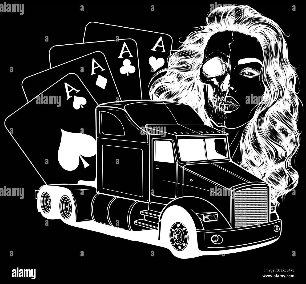 white silhouette of Truck with woman and poker aceson black background ...