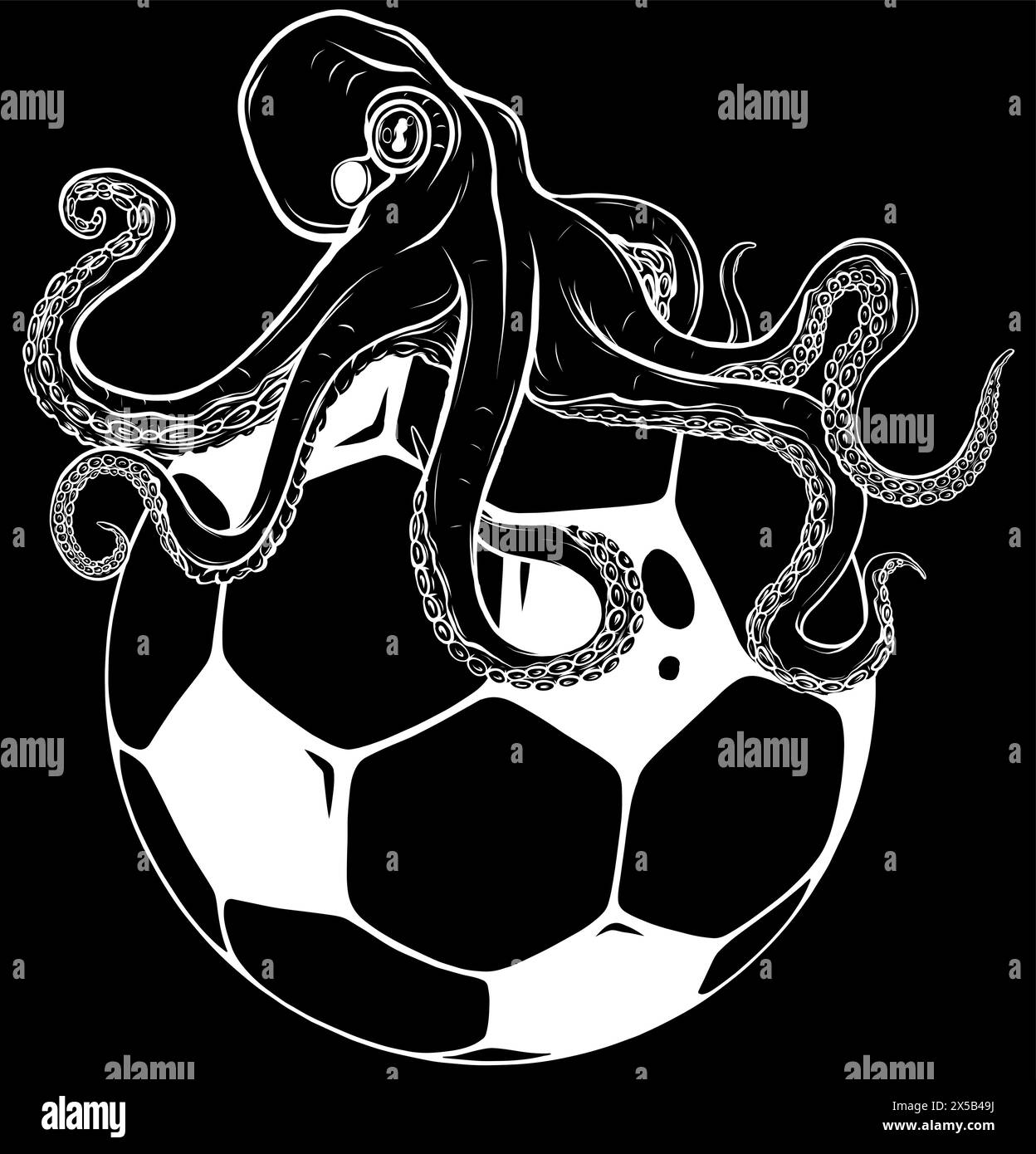 white silhouette of octopus wrapped around a soccer ball on black ...