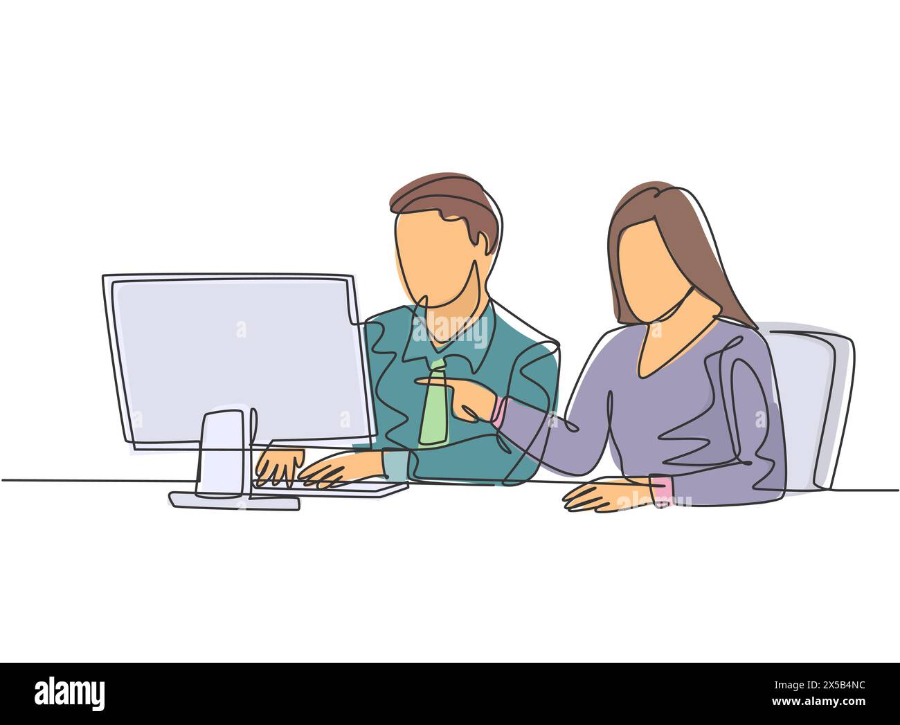 Single continuous line drawing of two young serious male and female ...