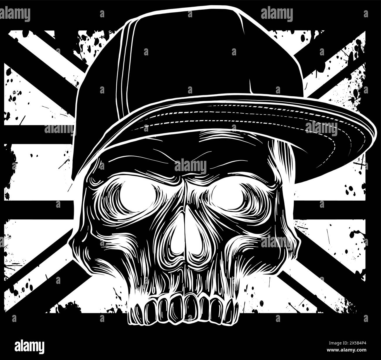 white silhouette of England flag and skull with bonnet on black ...