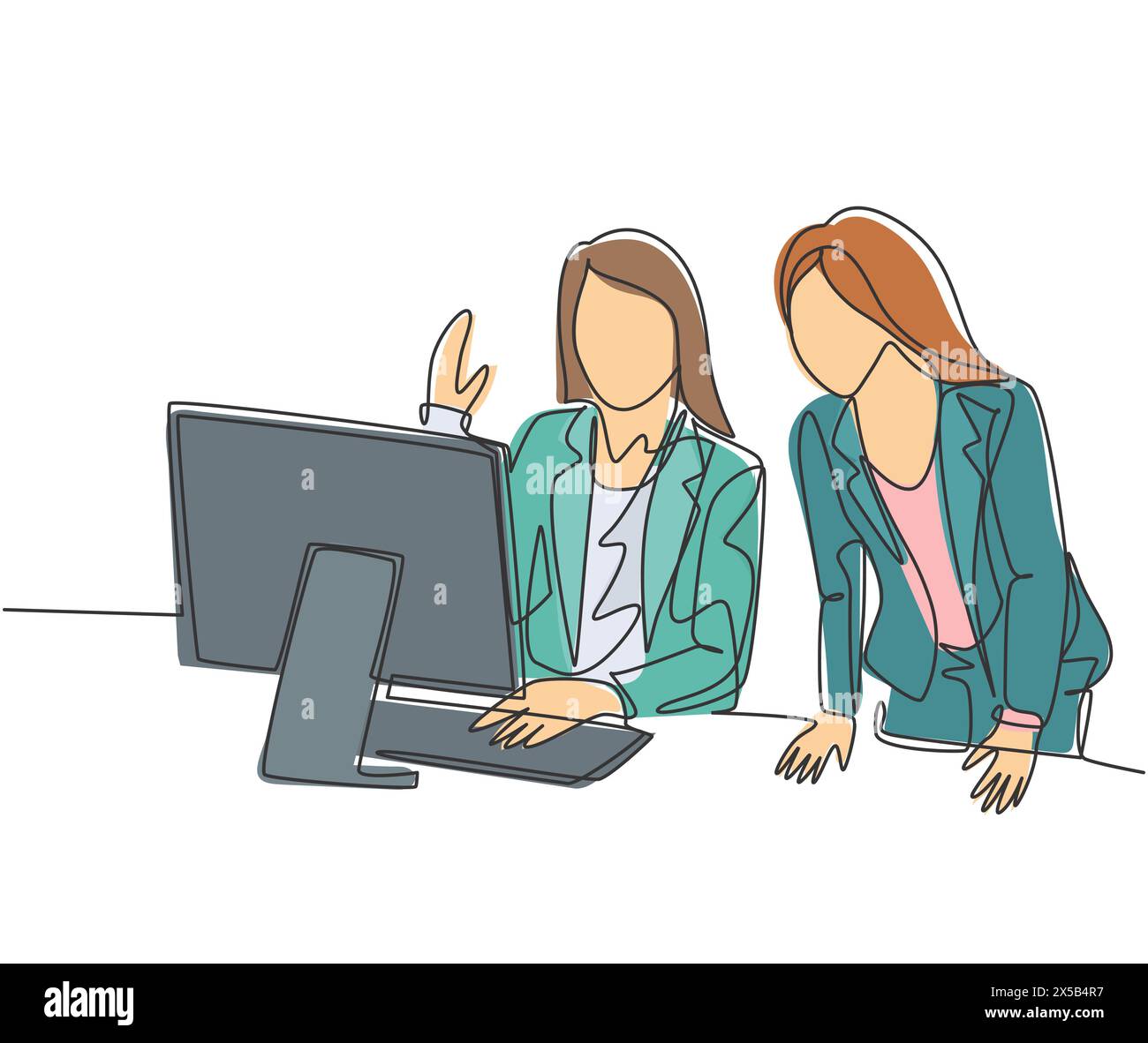 One single line drawing of two young female workers learning work skill ...