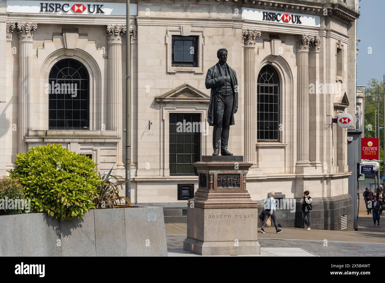 Statue of Joseph Pease, the first UK Quaker MP, a landmark on High Row ...