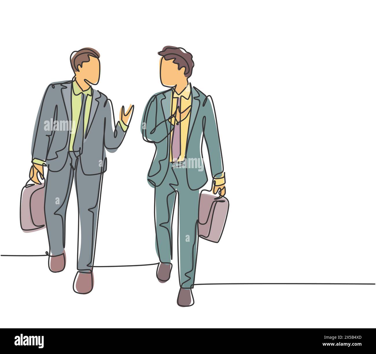One single line drawing of two young company business men take a walk ...