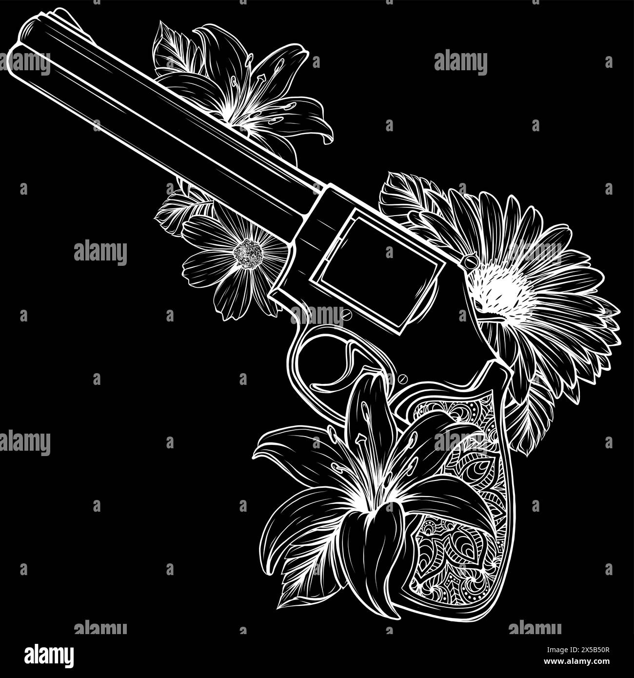 White Silhouette Of Revolver And Flowers Vector Illustration On Black