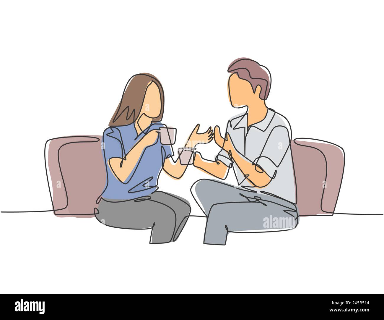 One continuous line drawing of young male and female worker chatting ...