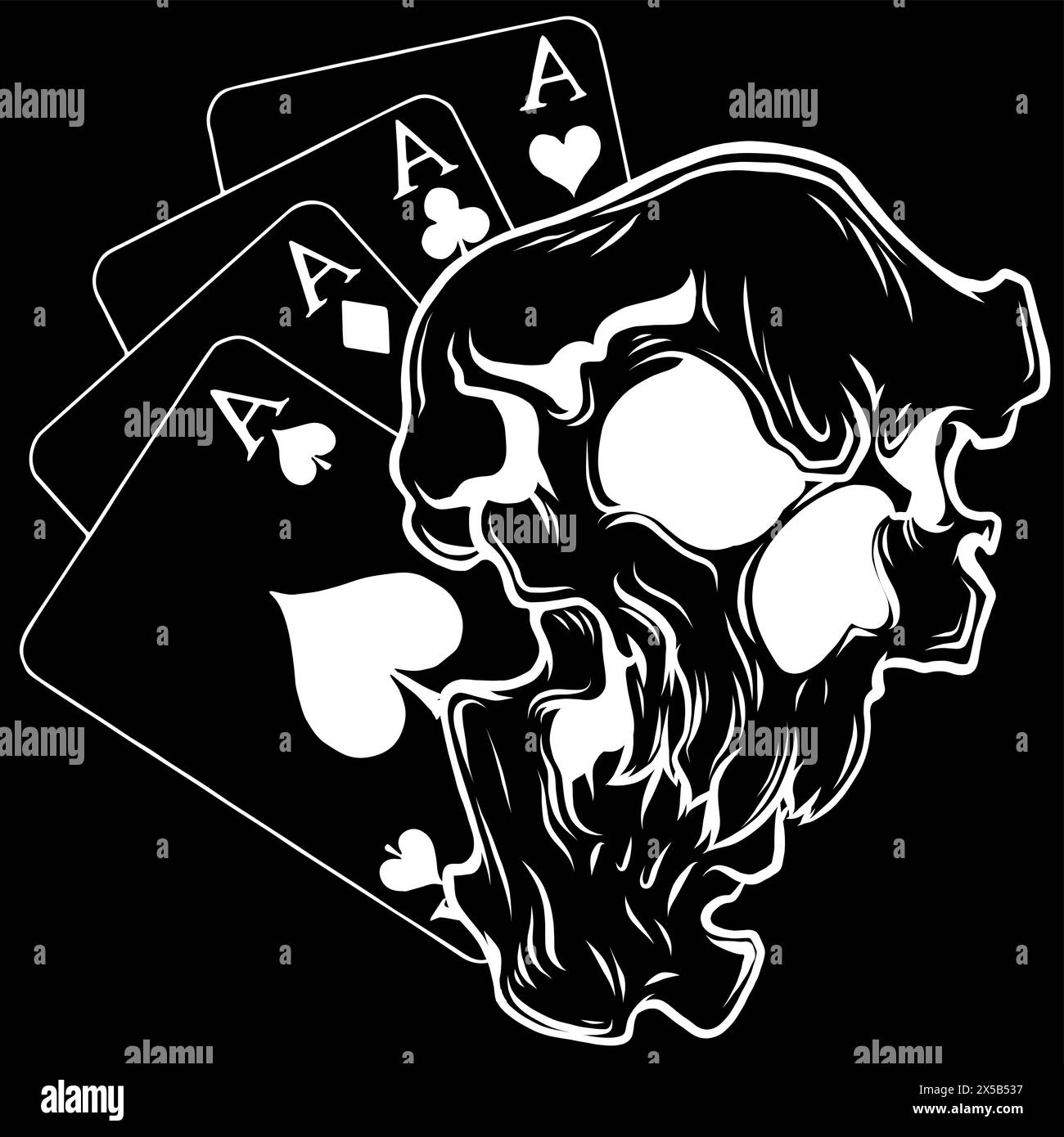 white silhouette of Poker face-Skull and four aces on black background ...
