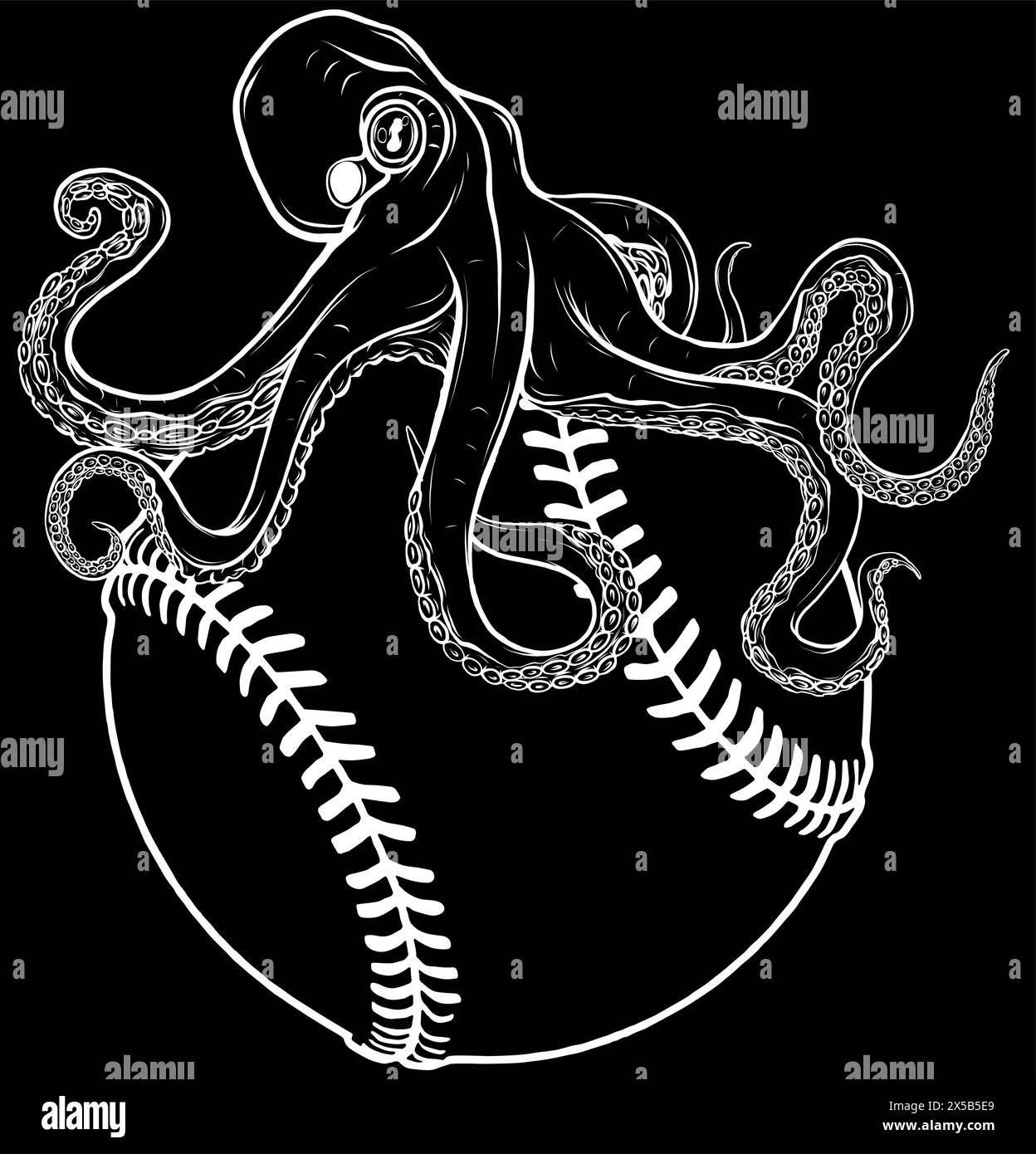white silhouette of octopus on baseball ball on black background vector ...