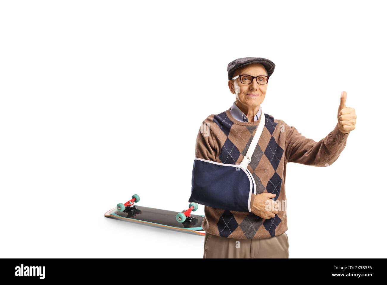 Elderly man with a broken arm injured from a skateboard fall gesturing ...