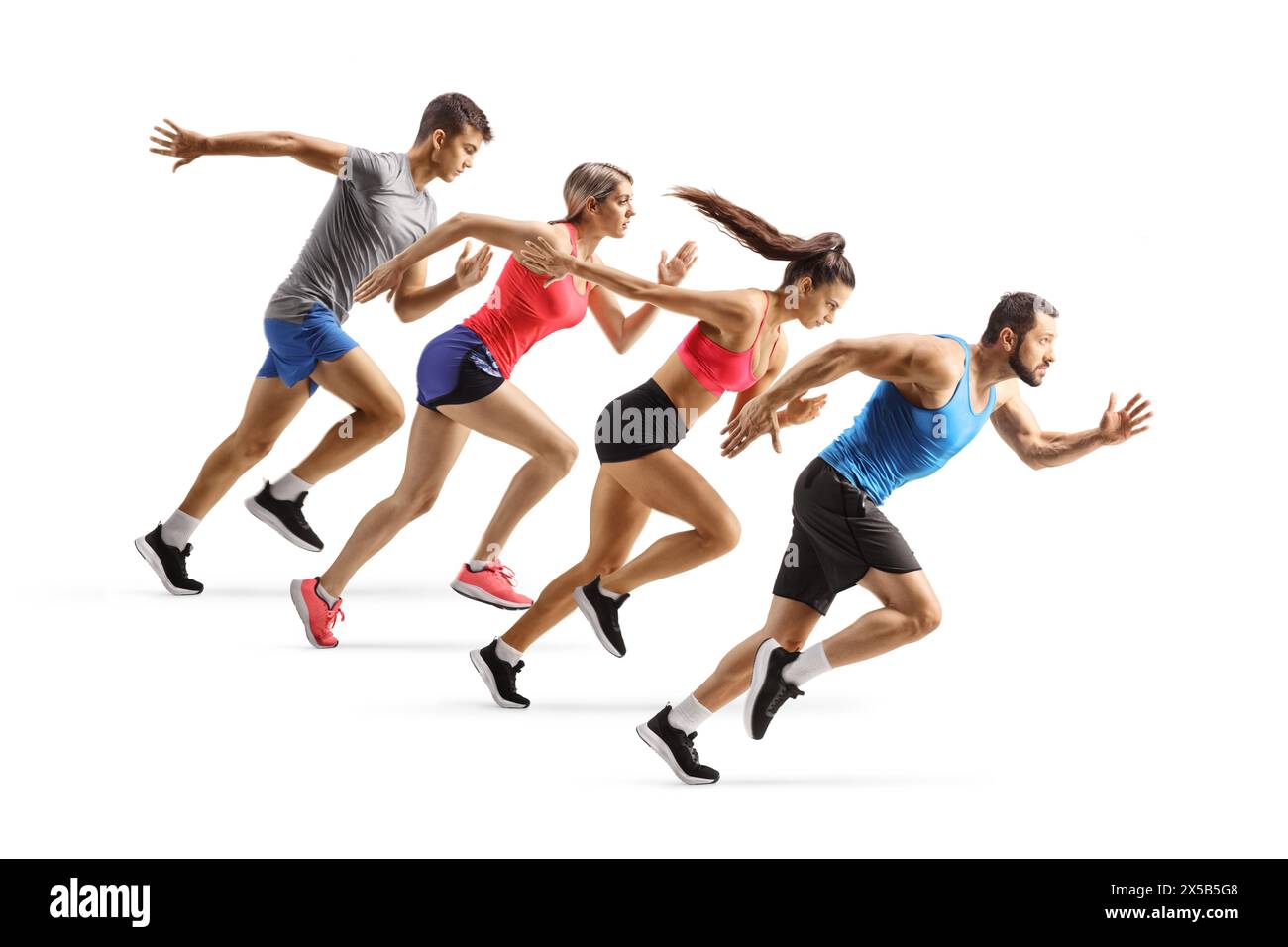 Group of young people running a race isolated on white background Stock ...