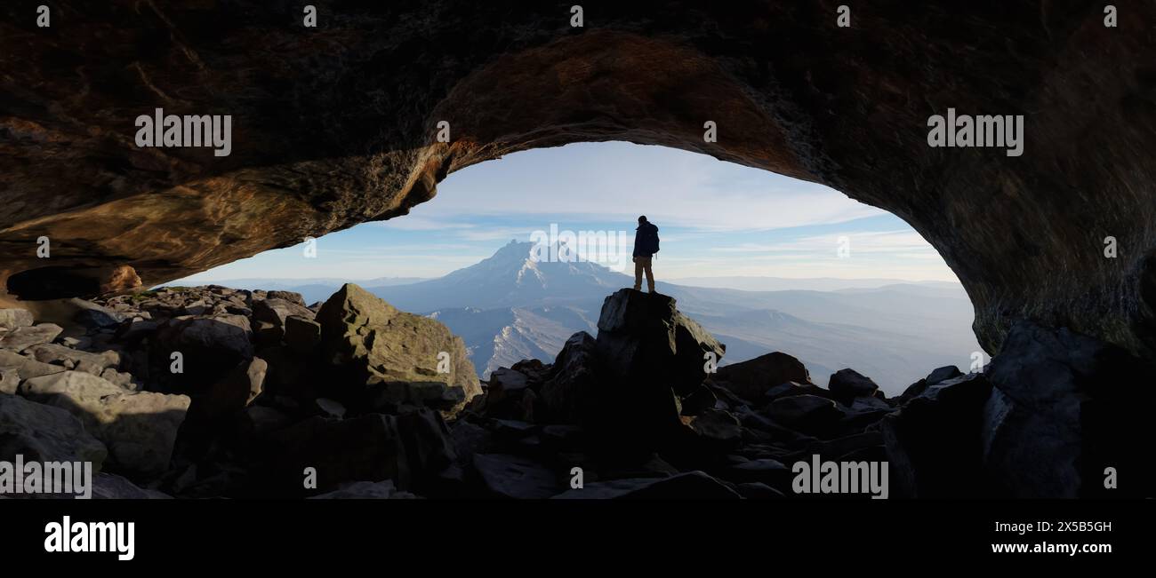 Adult adventurous man standing in a cave. 3d rendering mountain ...