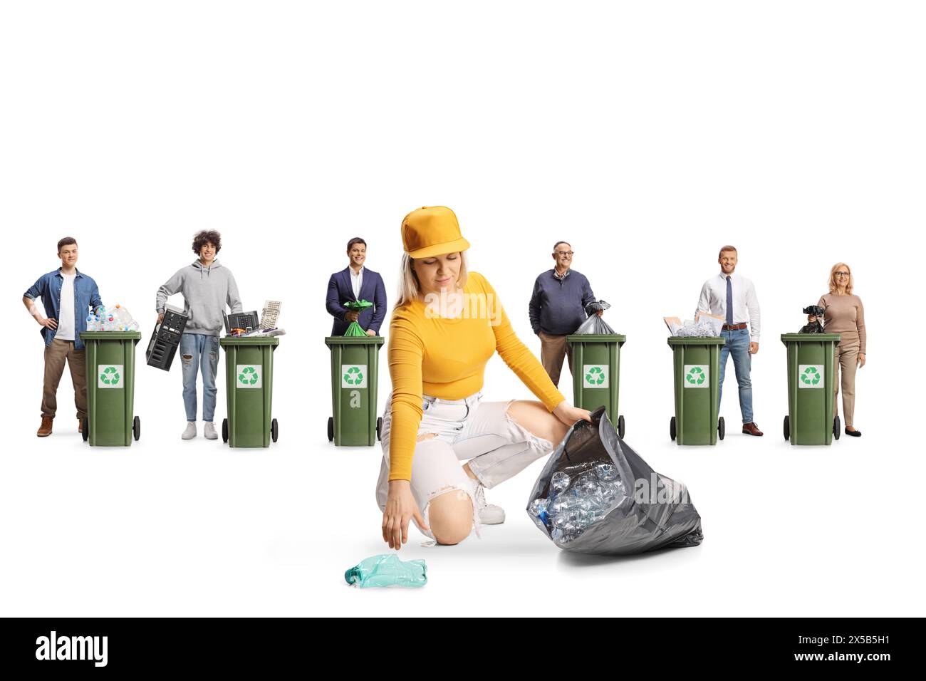 Young female collecting plastic bottles from the ground and people ...