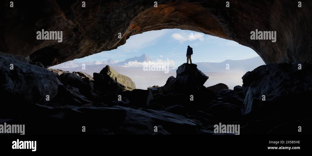 Adult adventurous man standing in a cave. 3d rendering mountain ...