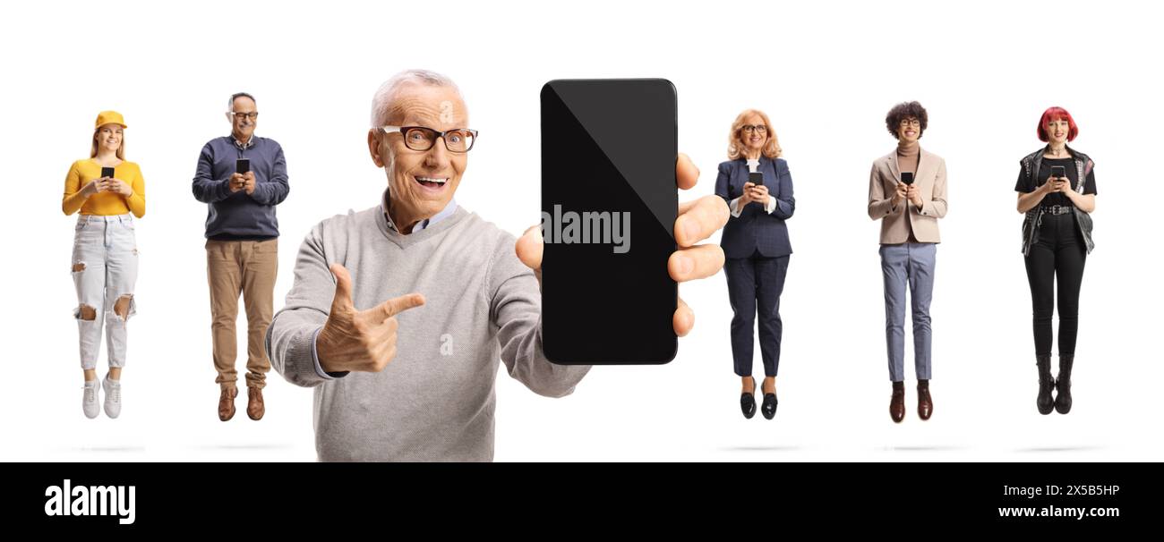 Elderly man pointing at a smartphone screen and people using ...