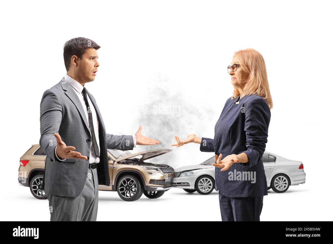 Man and woman arguing about a car accident isolated on white background ...