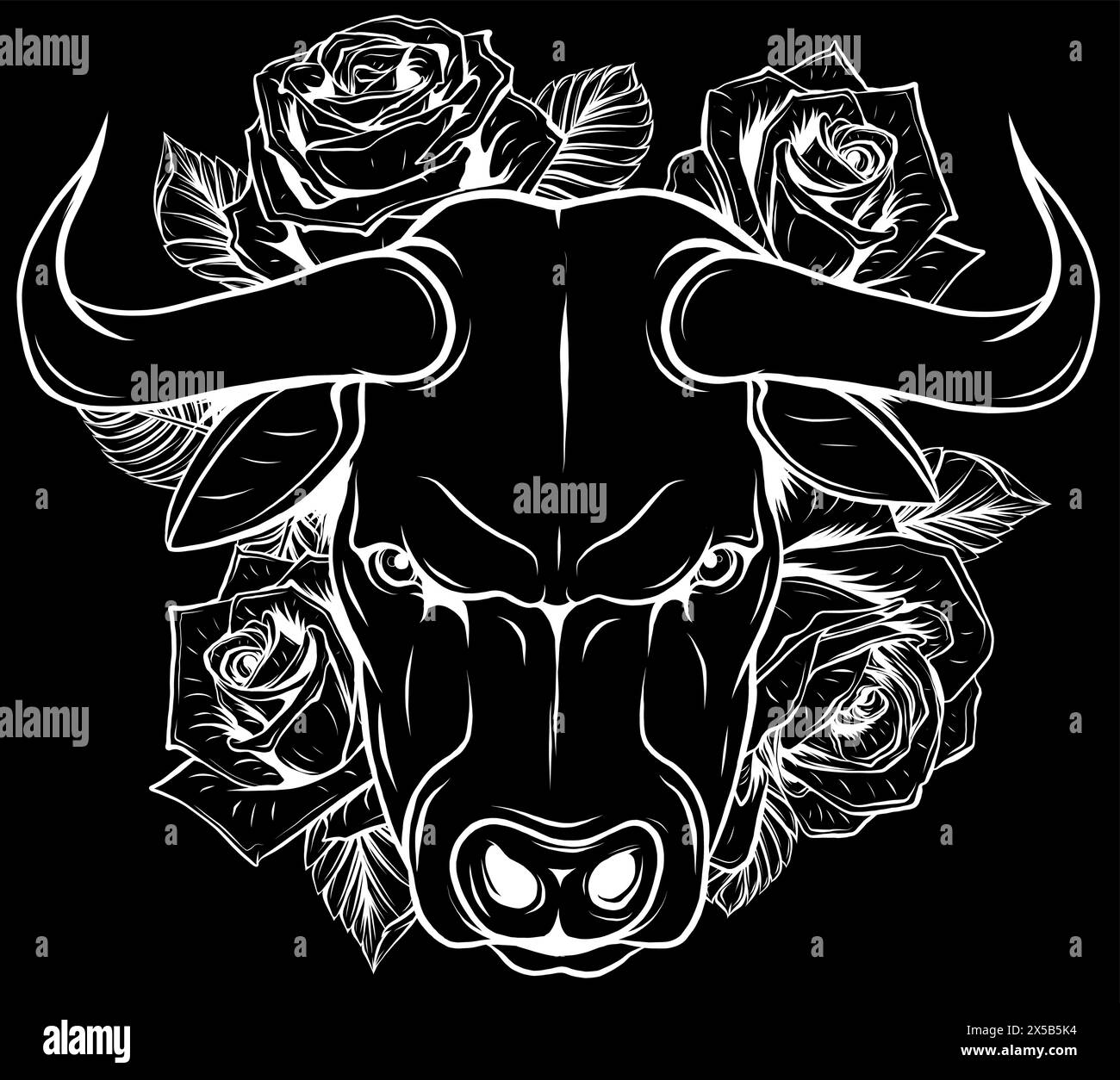 white silhouette of Cow and roses on black background. on black ...