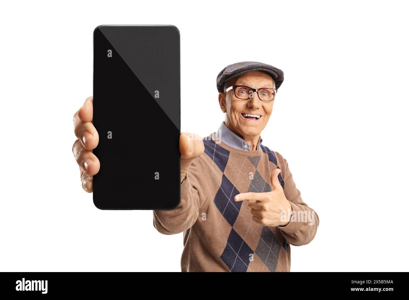 Elderly man holding a smartphone and pointing at the screen isolated on ...