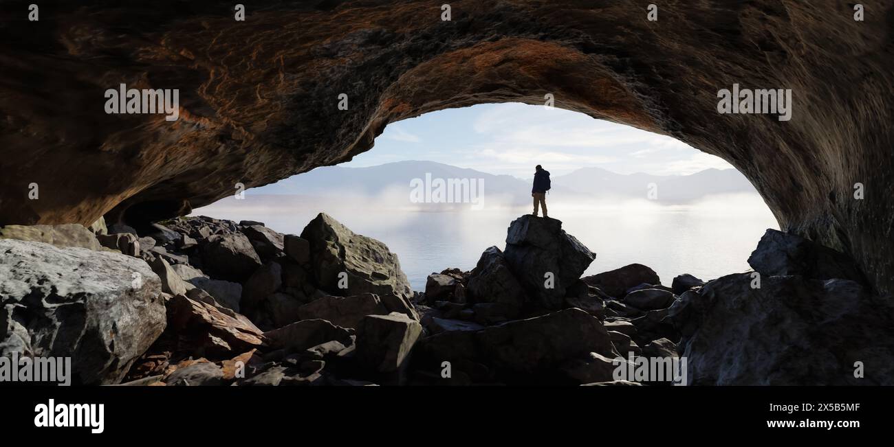 Adult adventurous man standing in a cave. 3d rendering mountain ...