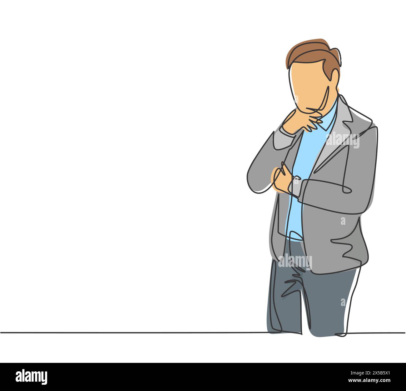 One continuous line drawing of young confused business man standing and ...