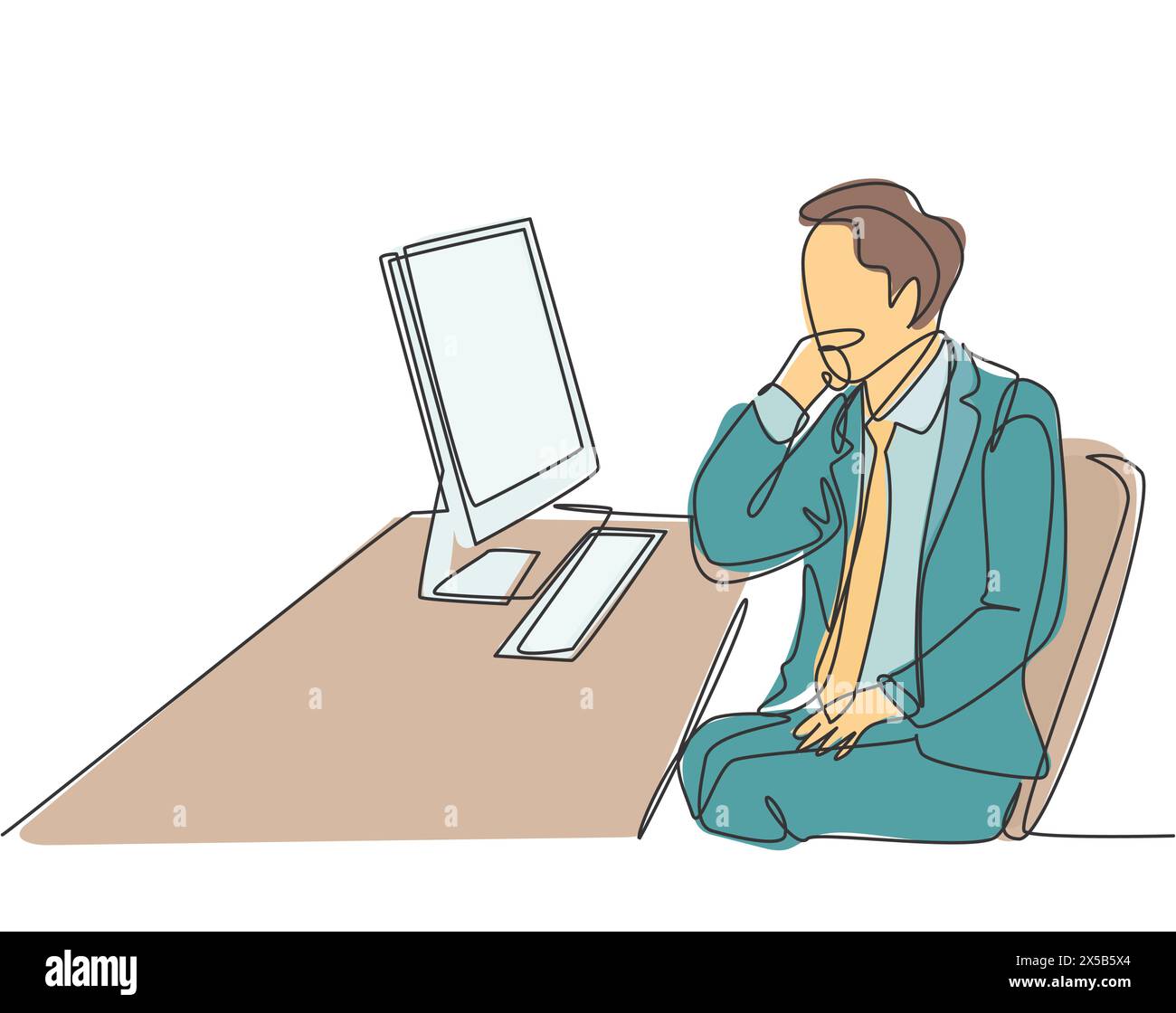Single continuous line drawing of young startup CEO sitting on the ...