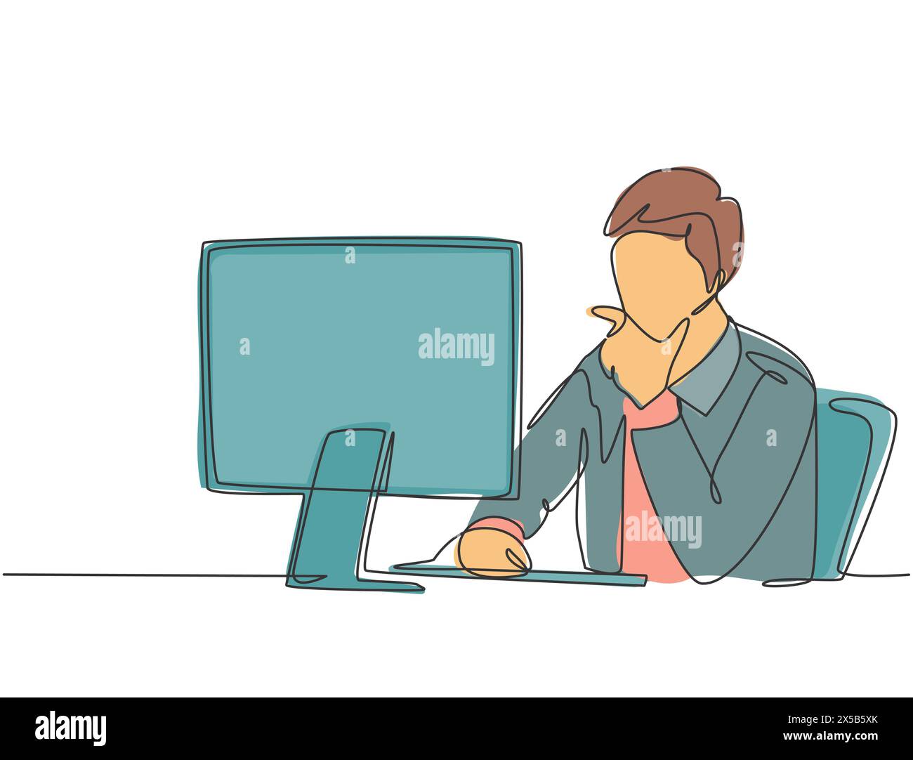 One single line drawing of young startup CEO sitting in front of ...
