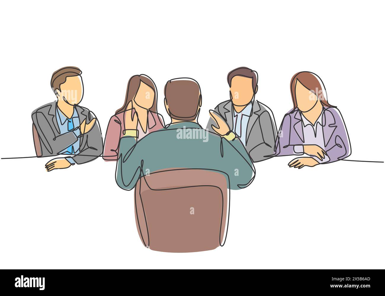 One single line drawing of young interviewee being interviewed by some ...