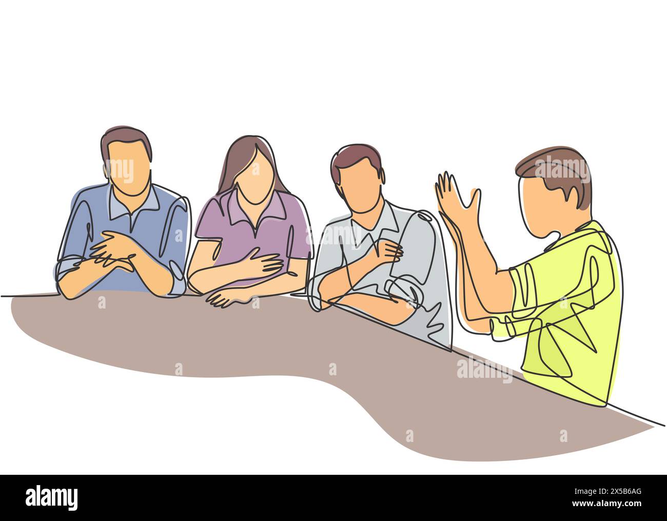 One single line drawing of young male and female workers discuss about ...