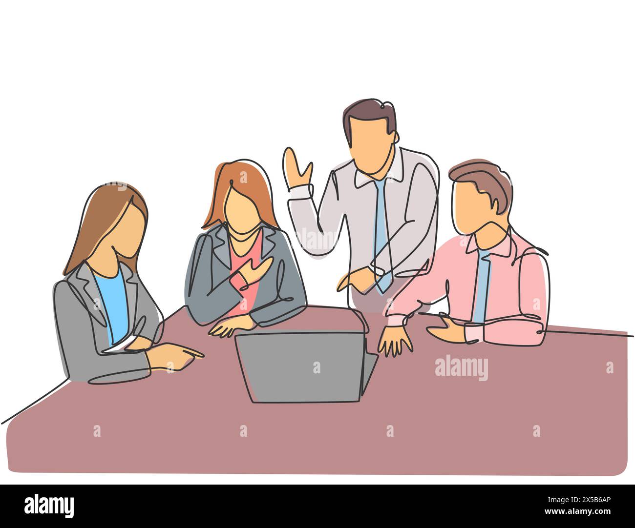 One single line drawing of young happy startup workers facing laptop ...