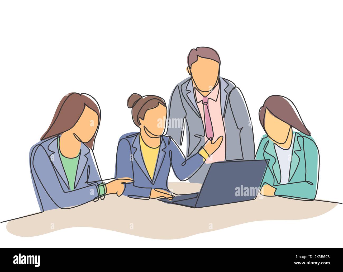 One single line drawing of young happy female CEO presenting new ...