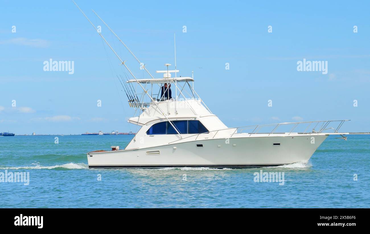 PORT ARANSAS, TX - 29 FEB 2020: Broadside view of a beautiful white ...