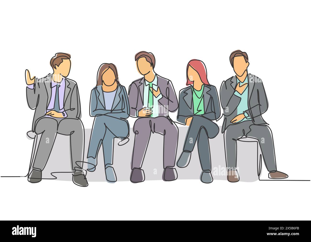 One continuous line drawing of young male and female interviewee ...