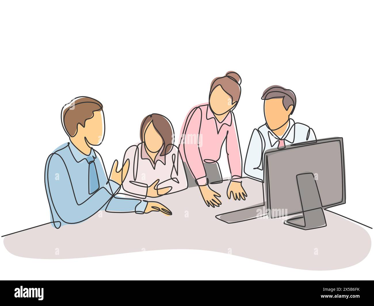 One single line drawing of young happy male and female business owner ...