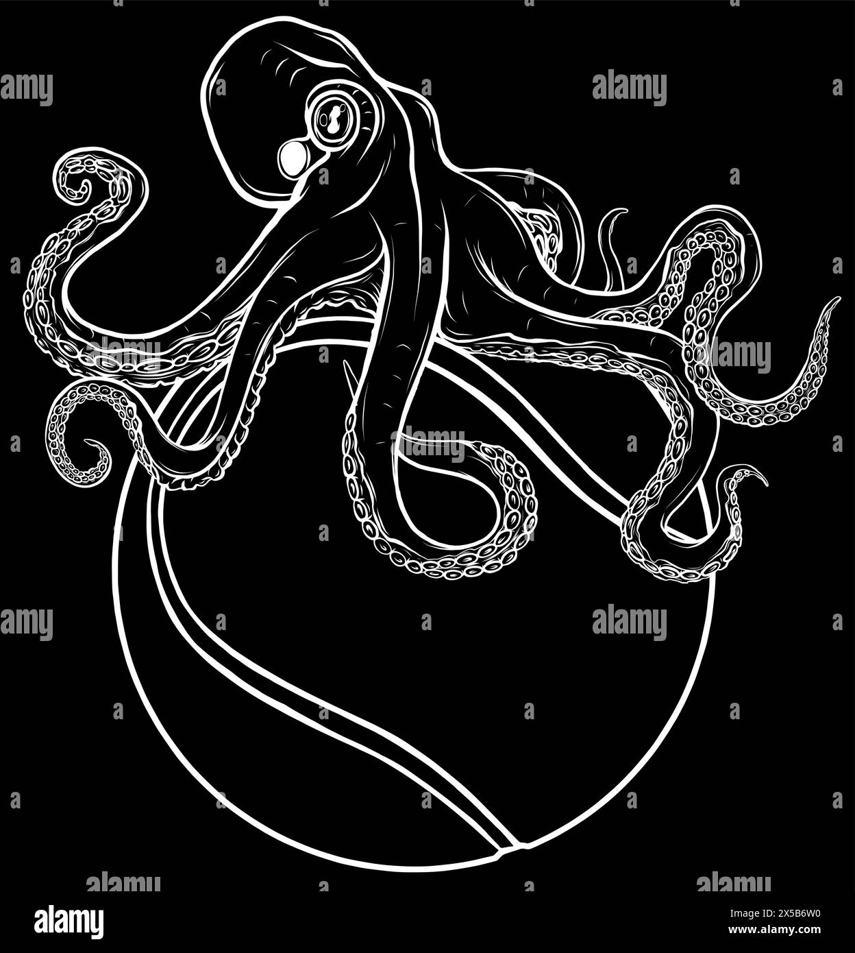 white silhouette of Octopus on tennis ball vector illustration on black ...