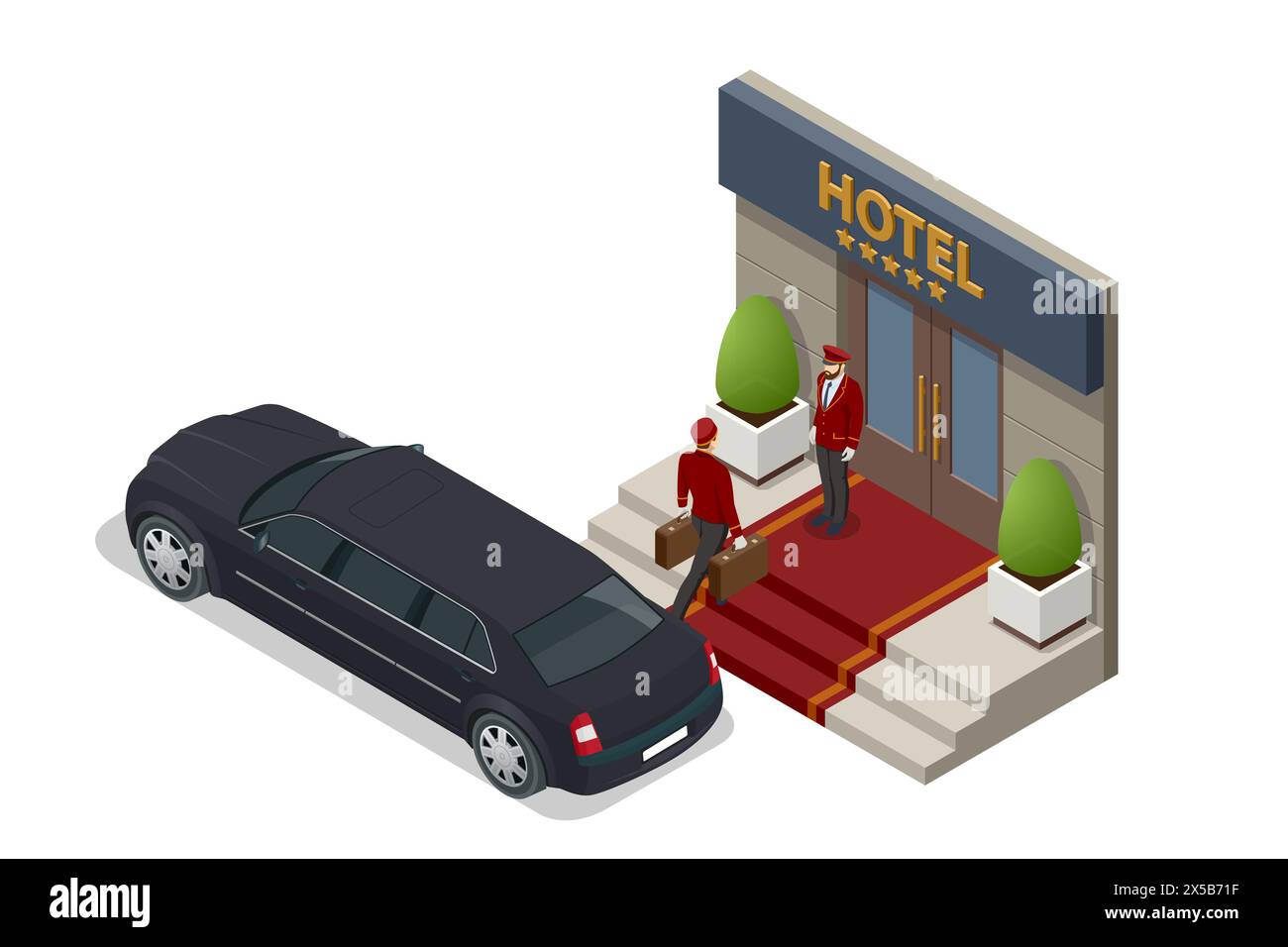 Isometric Expensive hotel entrance and limousine. Doorman standing in front of hotel entrance ...