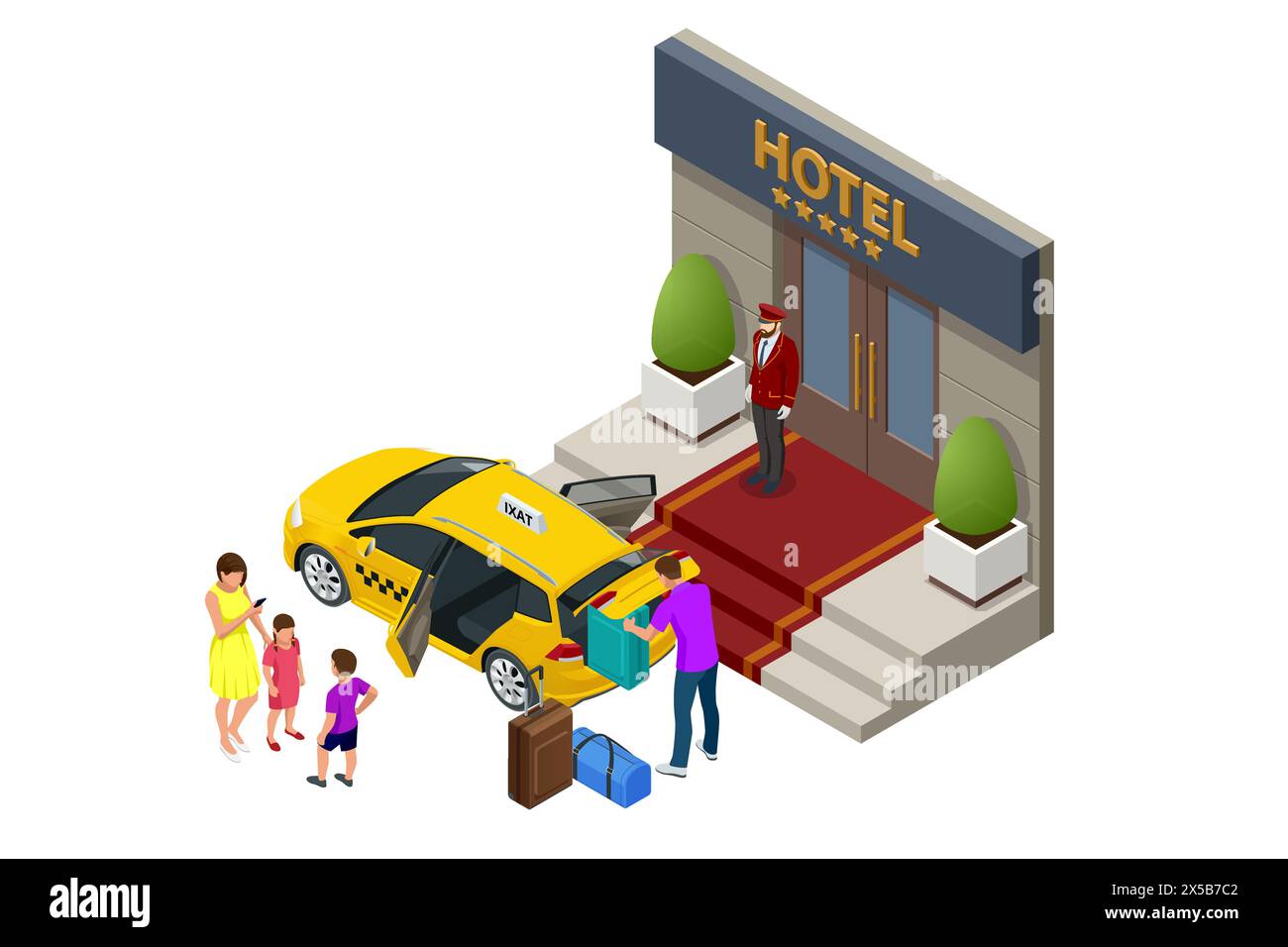 Isometric Expensive hotel entrance and taxi car. Doorman standing in front of hotel entrance ...